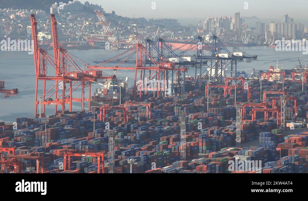 Overview of the massive container terminal in Busan, South Korea Stock ...