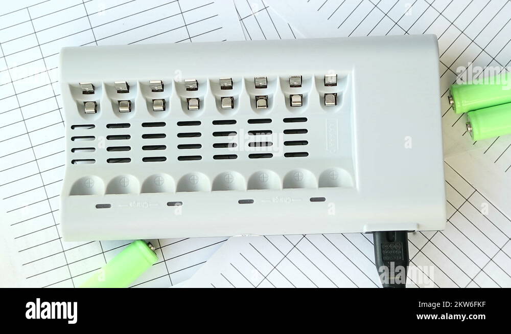 The man inserts a battery into the charger. Green batteries without ...