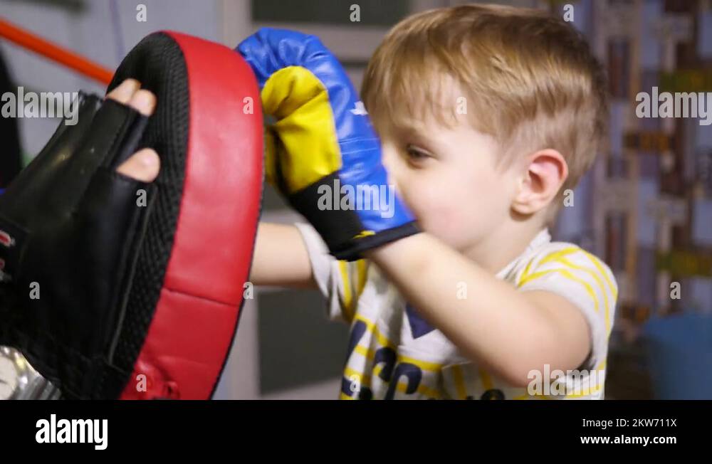 Father teach little twin kid boy fighting with boxing gloves at home ...