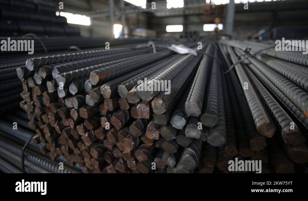 cuts of the steel bars stored in a warehouse m/s left to right Stock ...