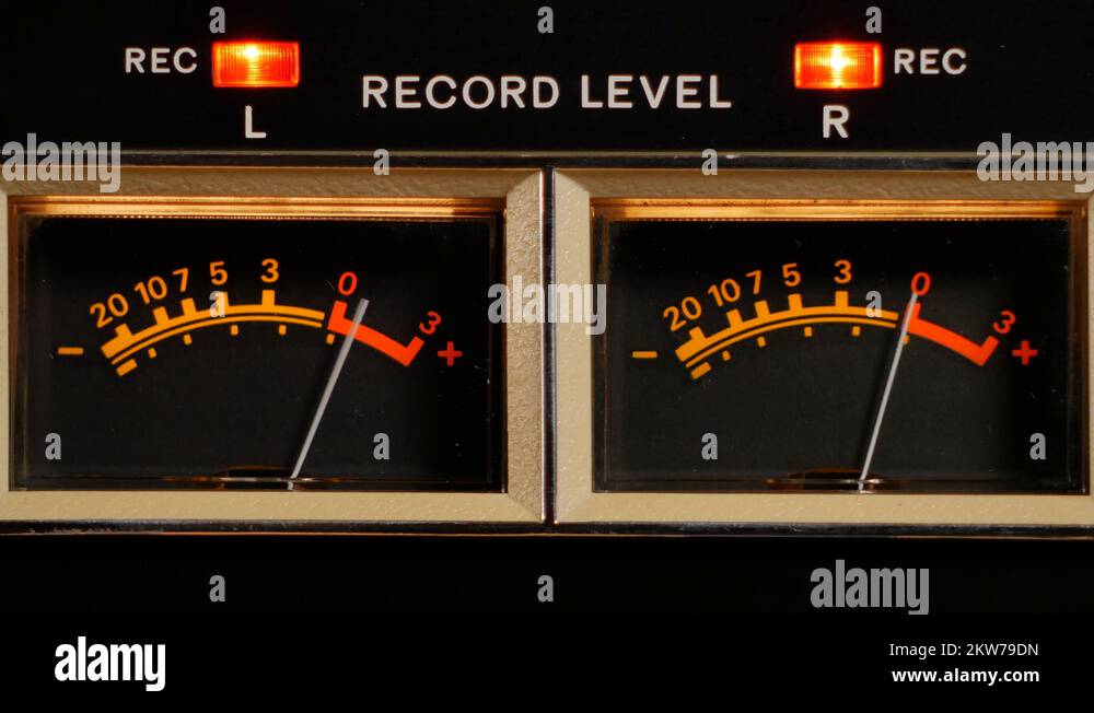 Analog vu meter of a vintage tape recorder machine while recording ...