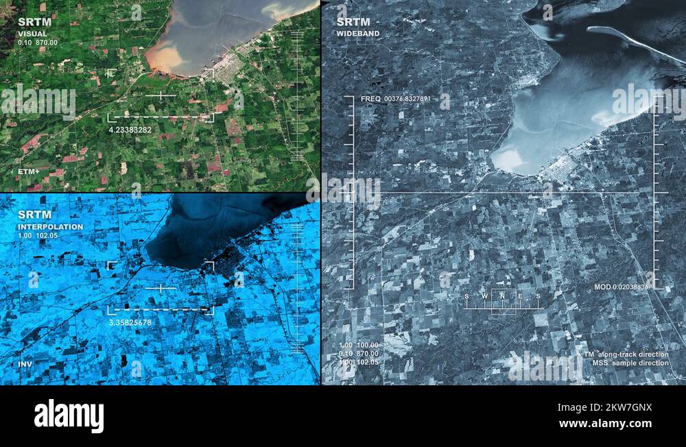 Three-panel display: aerial surveillance flyover, Chequamegon Bay, Lake ...