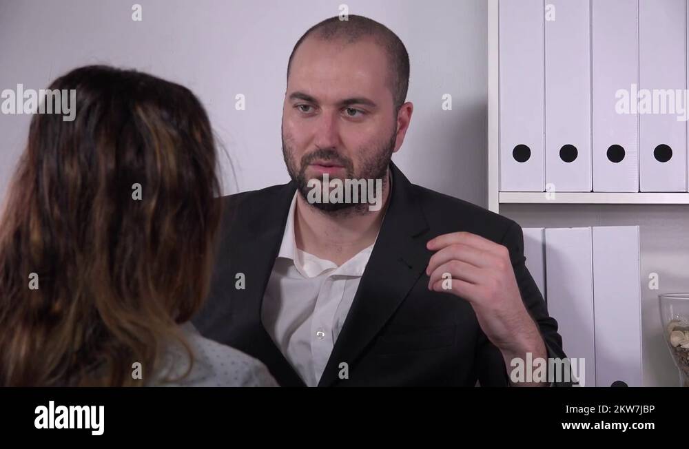 Disapproving executive man hand gesture no two business people bad ...