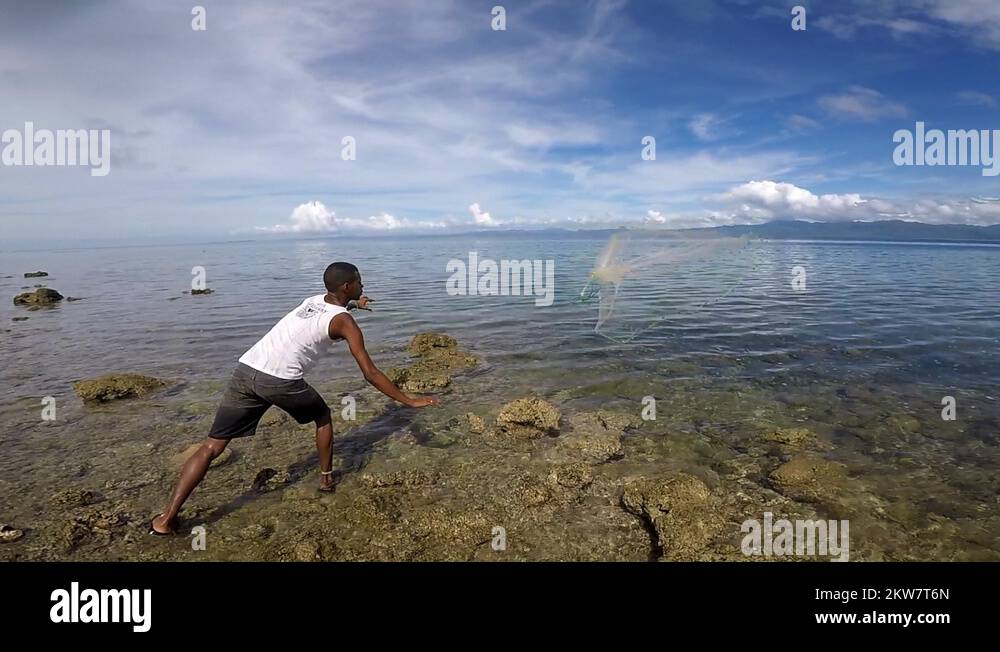 FJ 146 Indigenous Fijian fisherman fishing with a Fishing net in Fiji ...