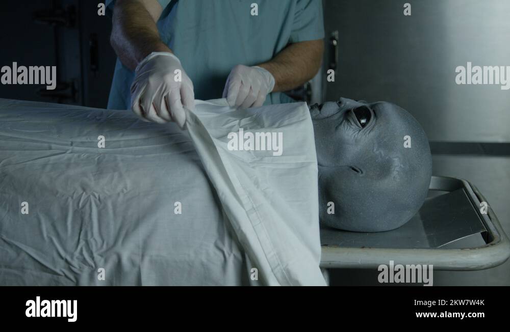 Alien Autopsy covering visitor head on gurney with sheet Stock Video ...