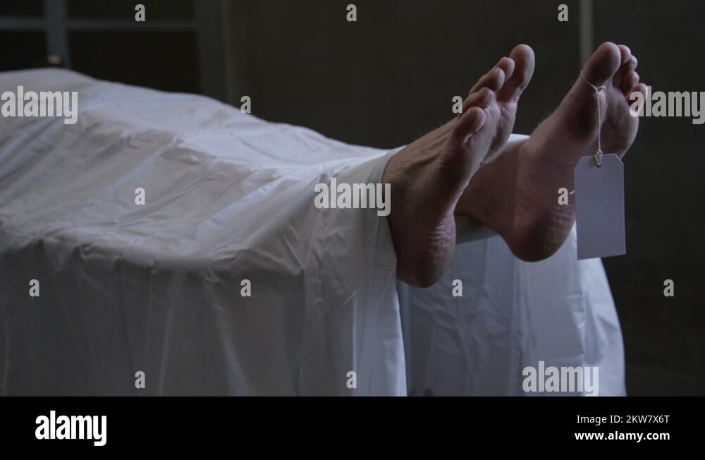 Morgue pan across body on gurney to feet and toe tag Stock Video ...