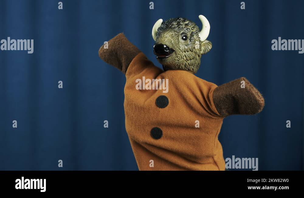 Bull hand puppet toy wave, dancing shake head on scene with blue ...