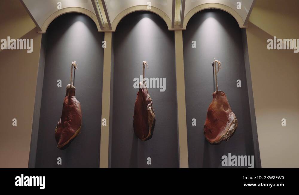 Design of butcher shop. Ham hanging in the butcher shop Stock Video ...