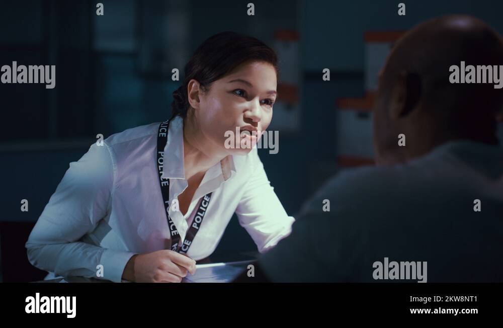 4K Tough female police detective interrogating crime suspect in ...