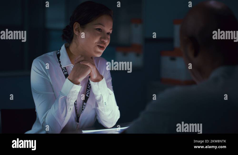 4K Tough female police detective interrogating crime suspect in ...