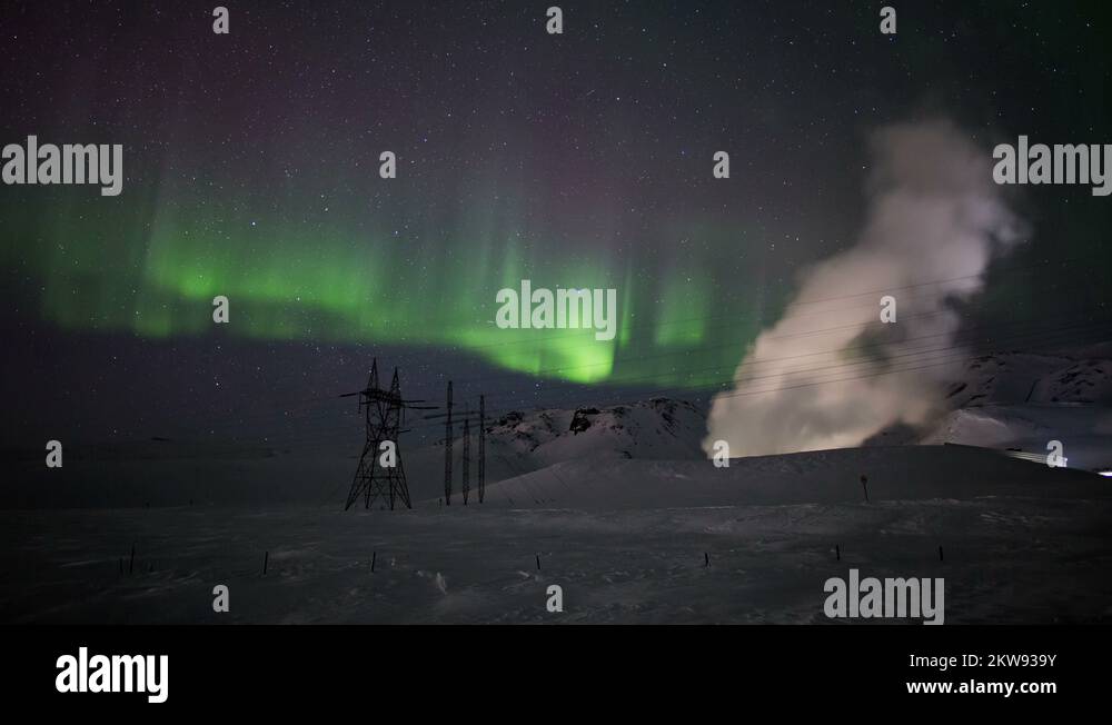 Green energy bright aurora borealis geothermal generator power lines ...