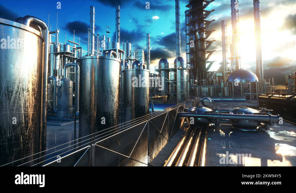 Refinery. Petrolium, chemical plant. Metal Pipe.Realistic cinematic 4k ...