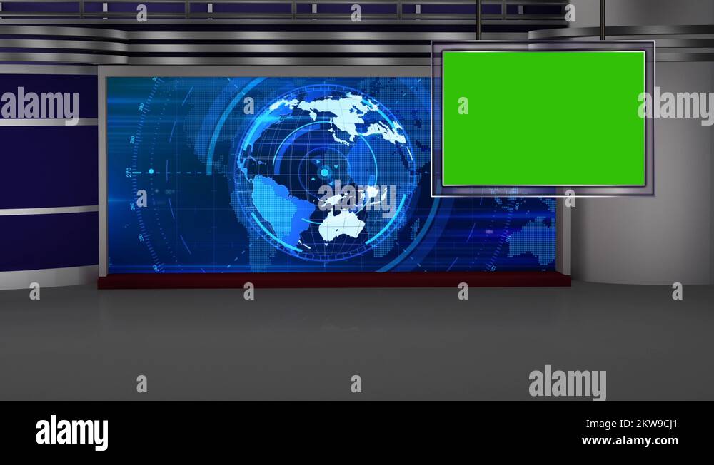 HD News TV Virtual Studio Green Screen Blue Colour with Globe & Monitor ...