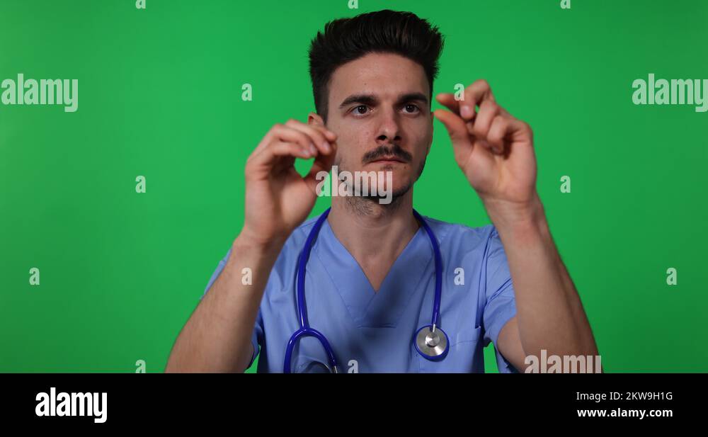 Medical Doctor Man Sliding Digital Display Green Screen Background ...