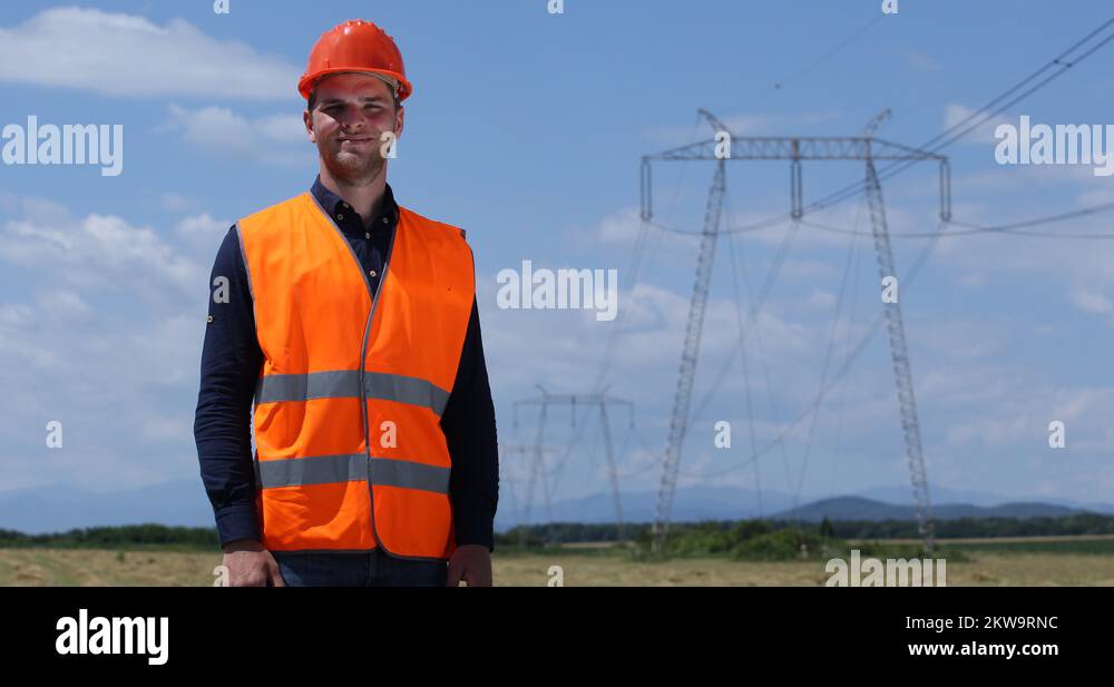 Electricity Master Engineer Male Gestures Thumb Up Sign Powerline ...