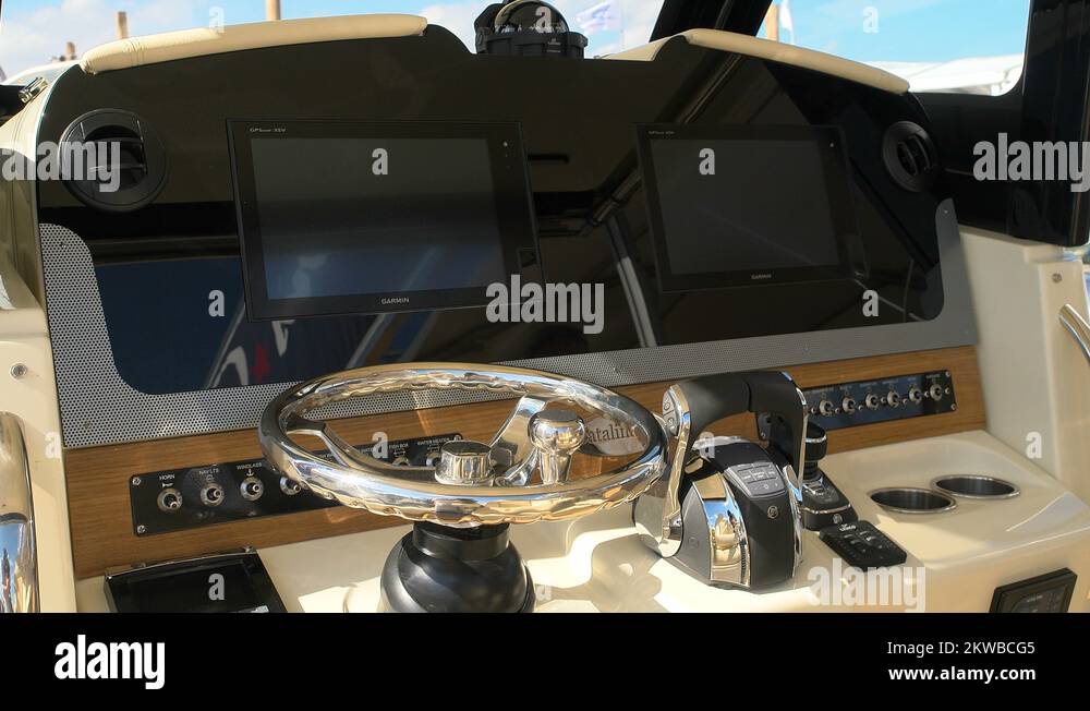Modern cockpit on a luxury classic boat docked Stock Video Footage - Alamy