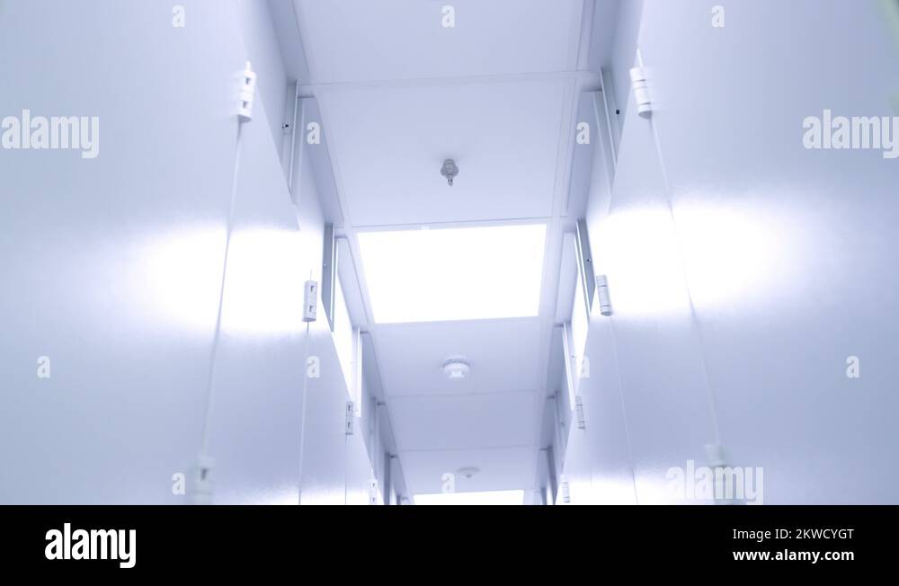 4K Empty interior of large modern data center with servers in cabinets ...