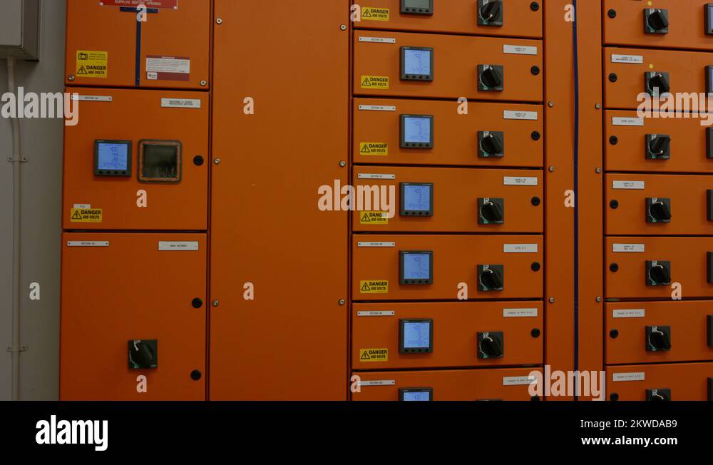 4K Empty interior of control room in a data centre with power supply ...