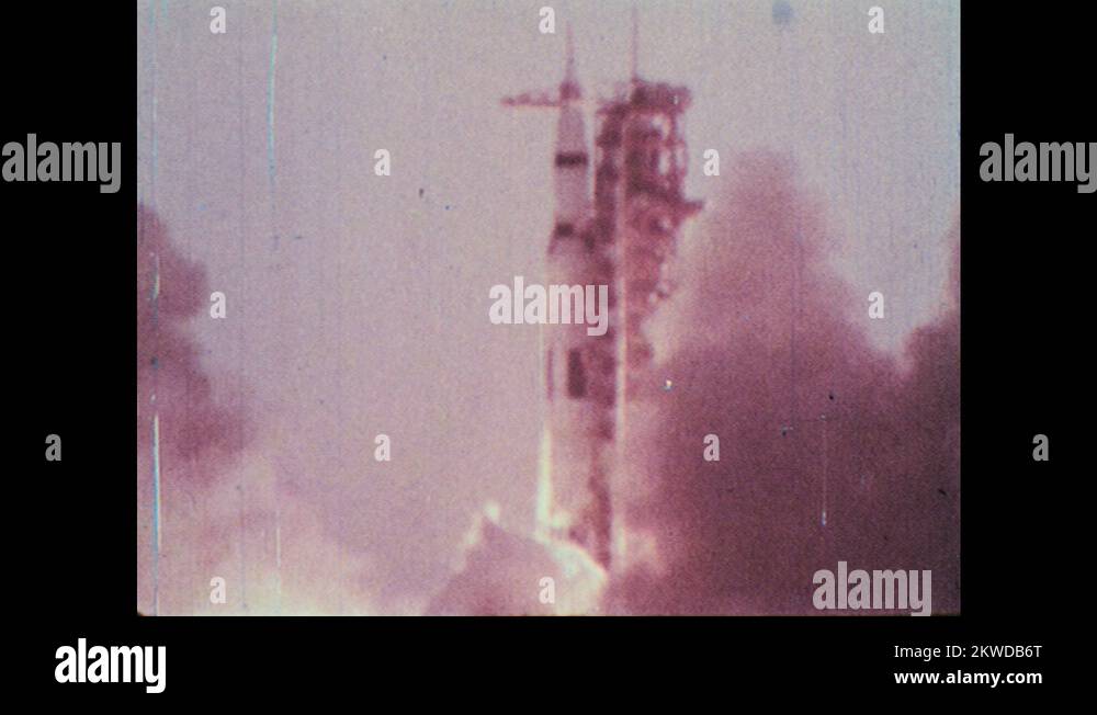 1960s: NASA space rocket taking off from ground, mid way shots of ...