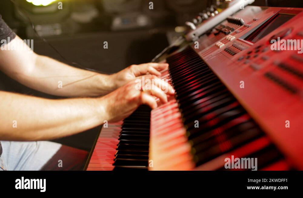 Handsome Musician Playing Keyboards at Rock Concert with Backlight in ...