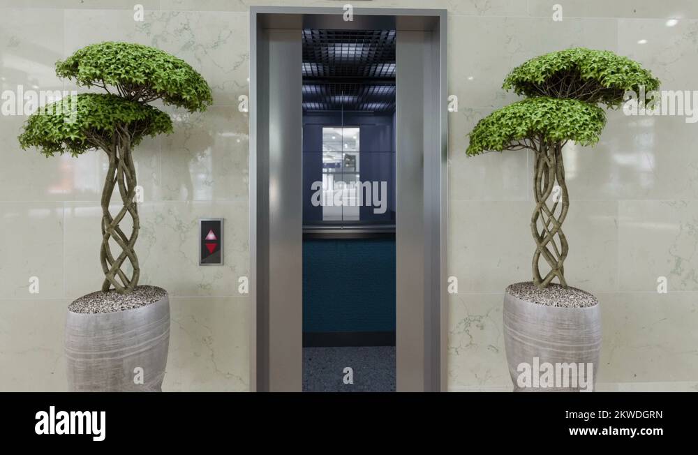 Open and closed chrome metal office building elevator doors concept ...