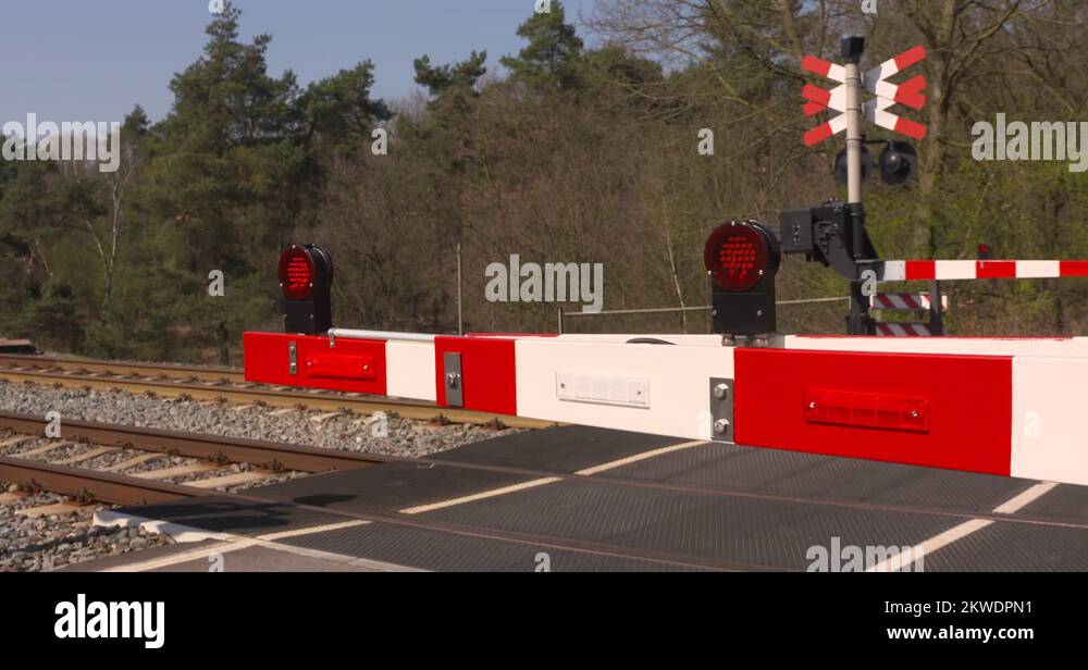 level crossing - alarm lights + train of Dutch Railways NS passes by ...