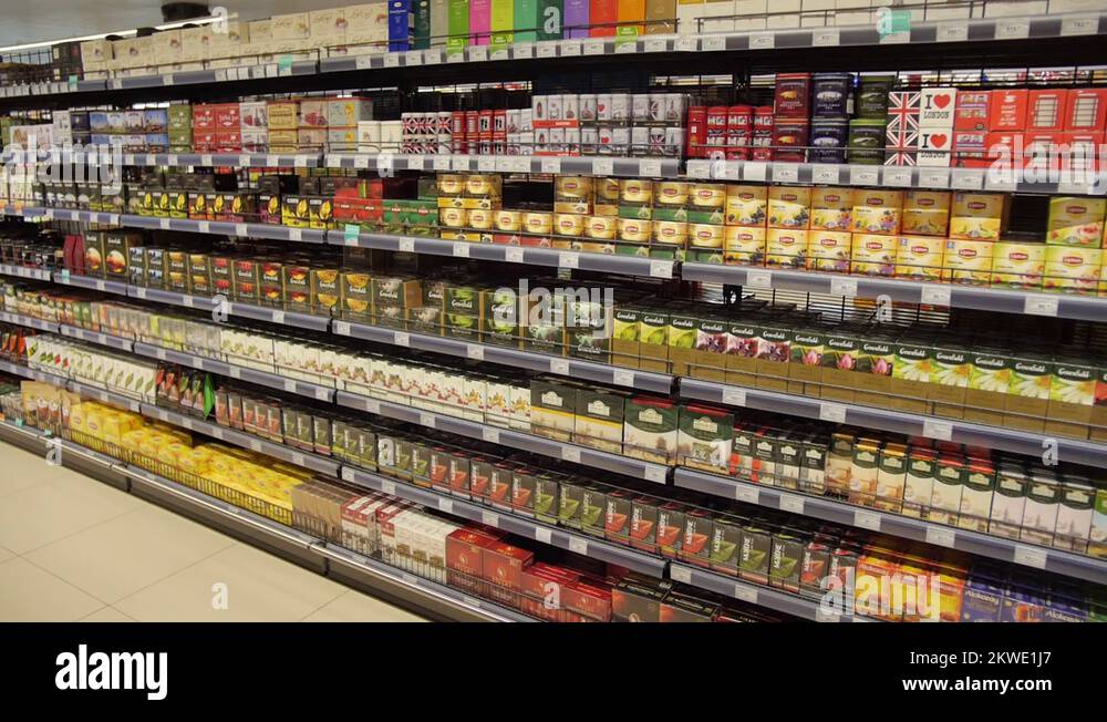 Grocery store, showcase with tea, the camera moves from left to right ...