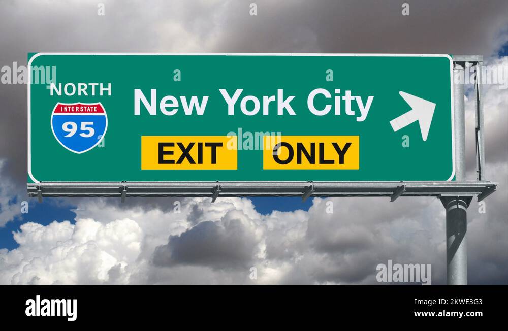 New York City Interstate 95 Exit Sign with Time Lapse Clouds and Zoom ...