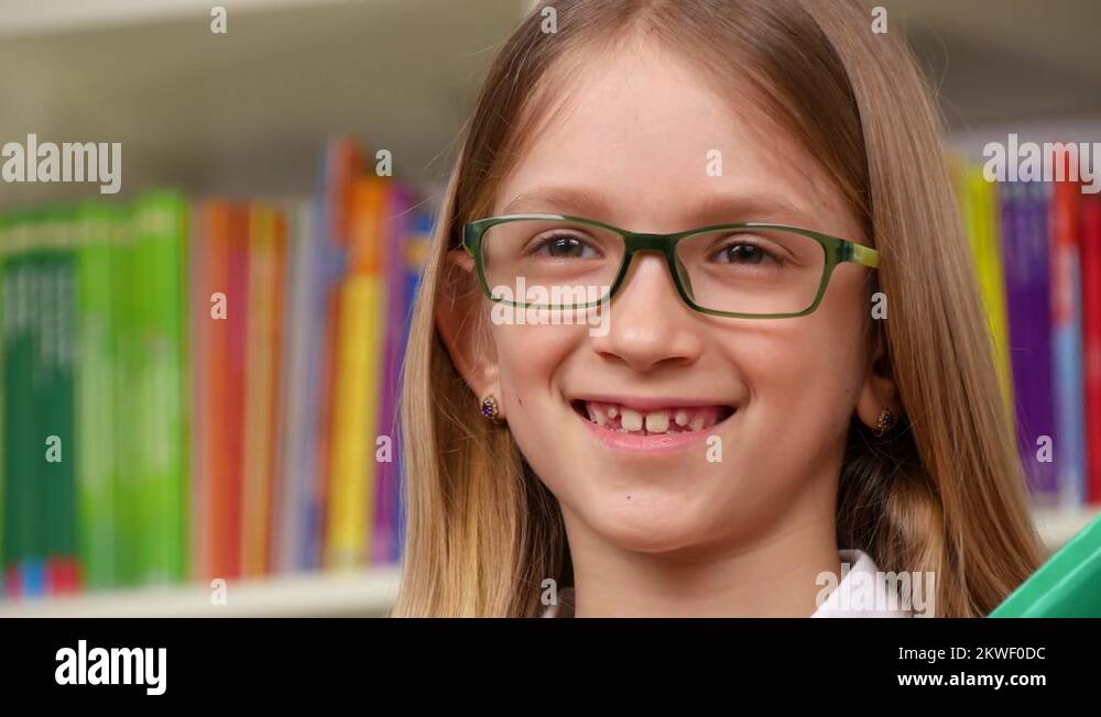 Smiling Eyeglasses Child Student in Library, School Girl Portrait ...