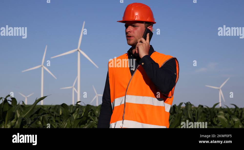 Successful Wind Turbine Worker Talk Mobile Reporting Work Windpower ...