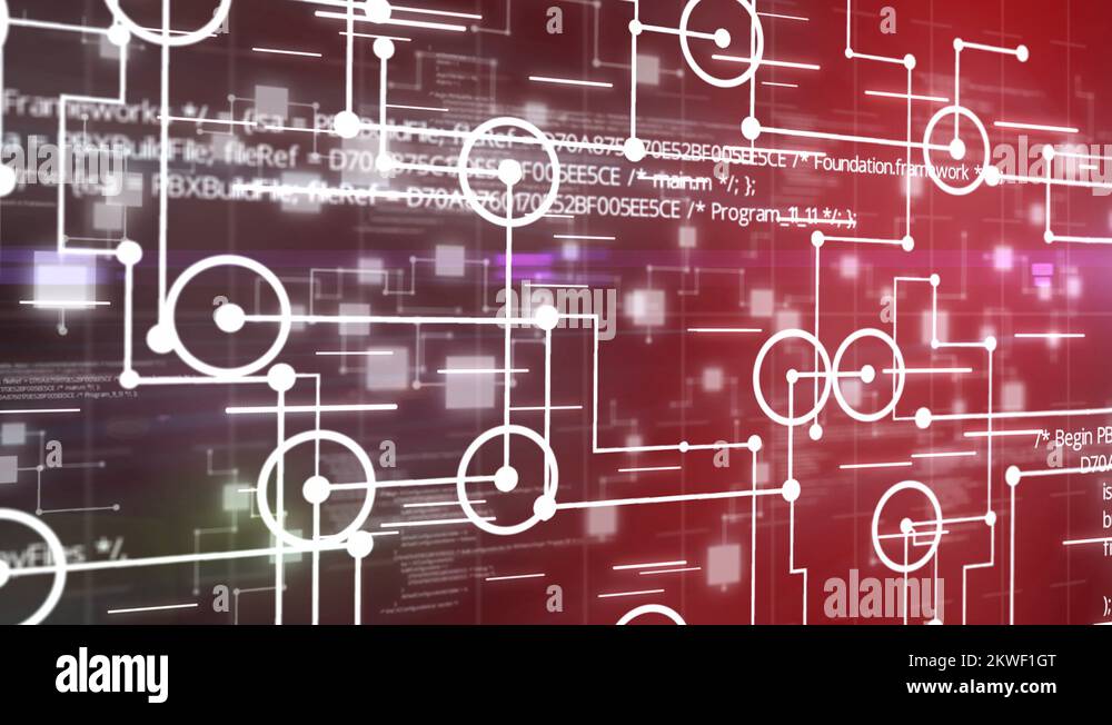 Red electronic circuit or computer monitor screen grid in network ...