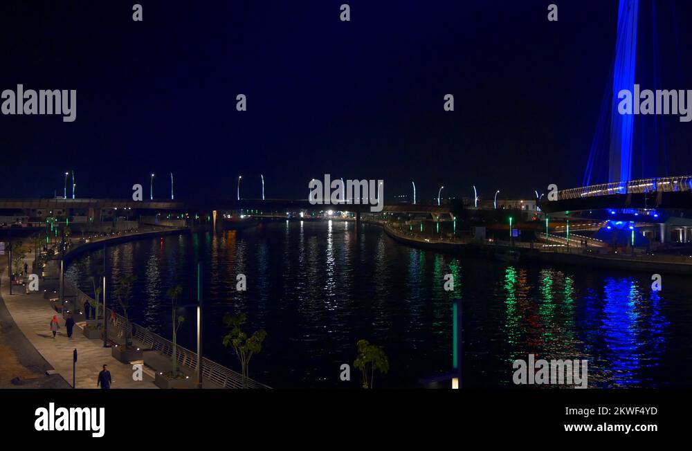 dubai city water canal bridge downtown night bay panorama 4k uae Stock ...