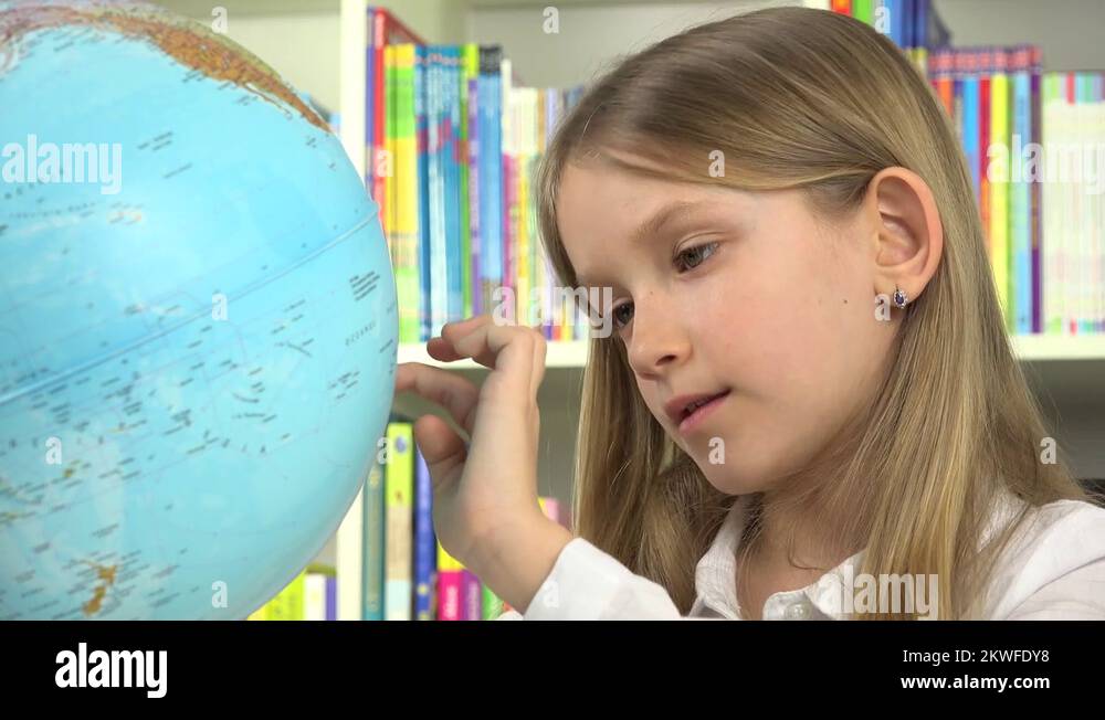 Child Studying Earth Globe, Kid in School Class Girl Learning, Student ...