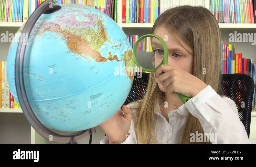 Child Studying Earth Globe, Kid in School Class Girl Learning, Student ...