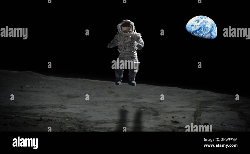 Astronaut Jumping on Moon Surface Apollo Mission Earth in Distance ...