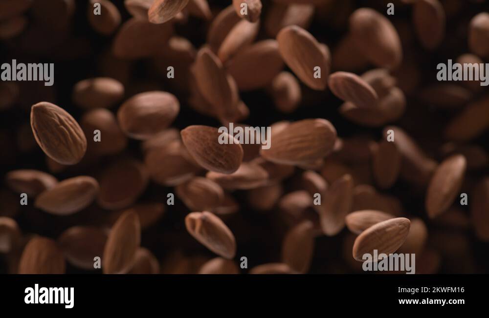 Almond flies after being exploded against black background. Slow Motion ...