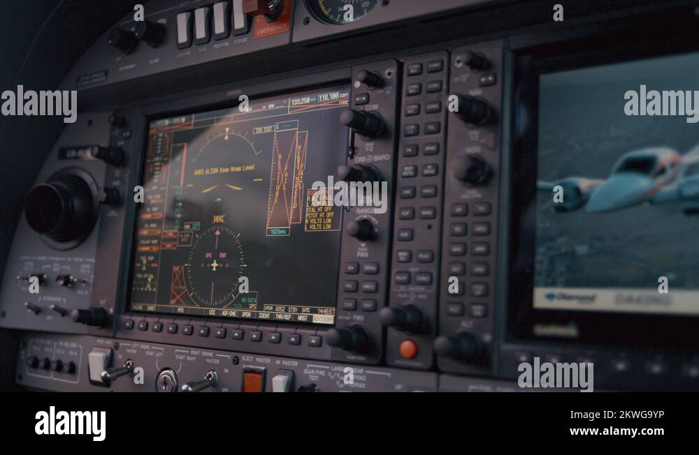 Navigation panel in airplane cockpit. Control panel screen. Plane ...