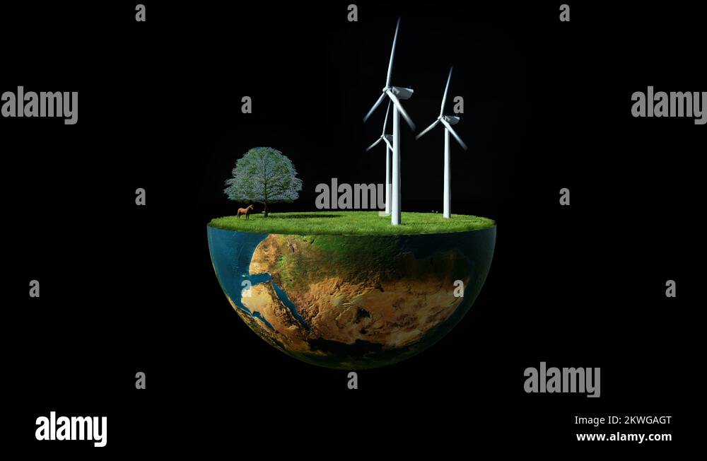 Environmental concept, Earth globe holding wind turbines, Alpha Channel ...