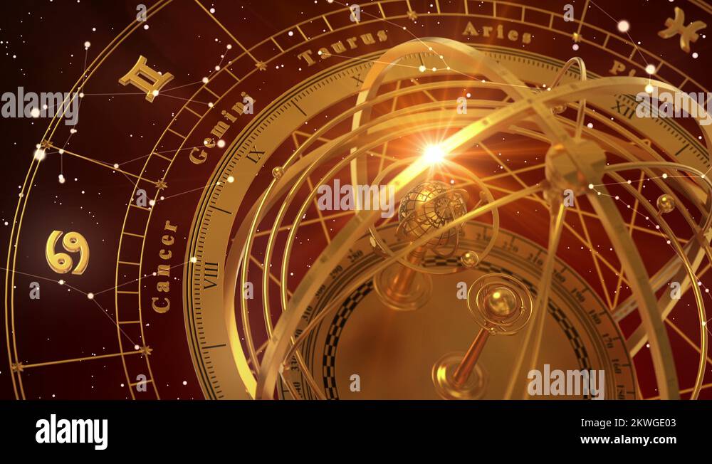 Zodiac Signs and Armillary Sphere On Red Background. Seamless Looped ...
