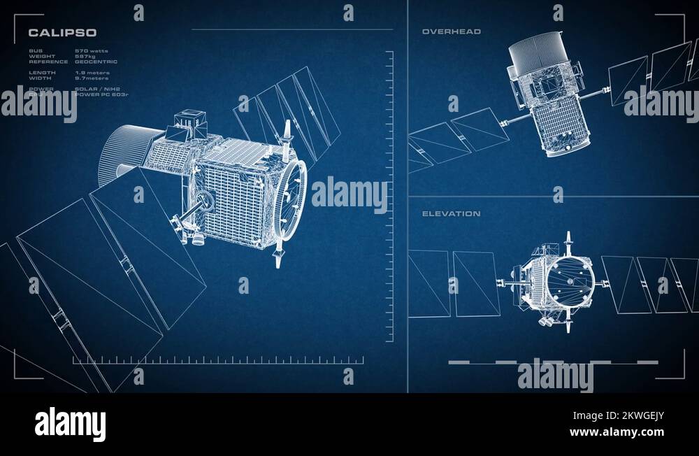Looping, animated orthographic engineering blueprint of Calipso ...