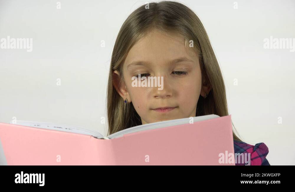 Child Reading Green Book, Portrait Student Girl Learning, Kids White ...