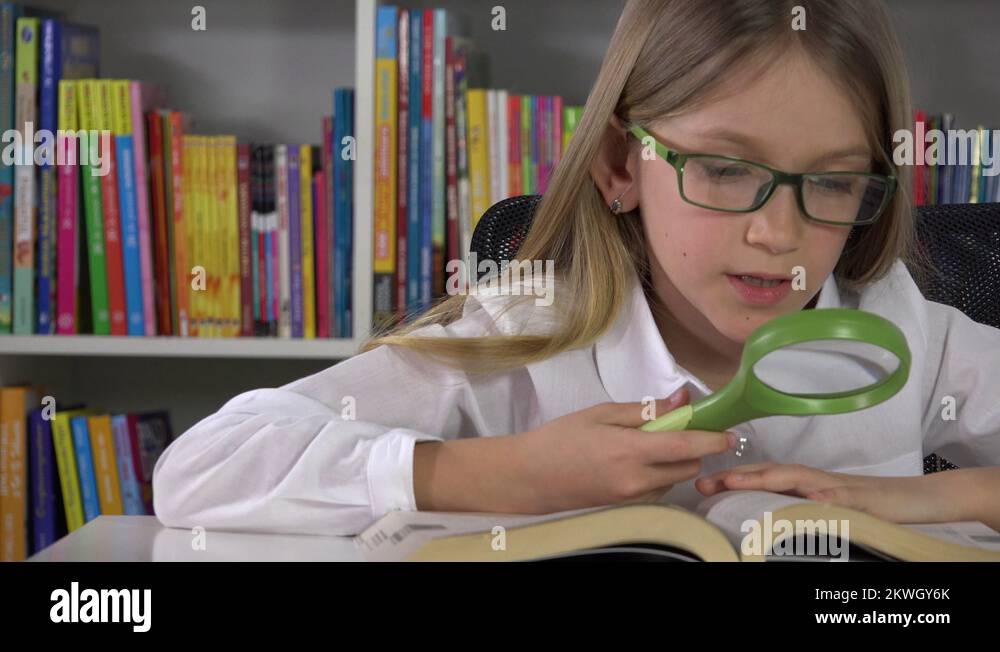 Student Child Reading Book by Magnifying, Eyeglasses Girl Studying in ...