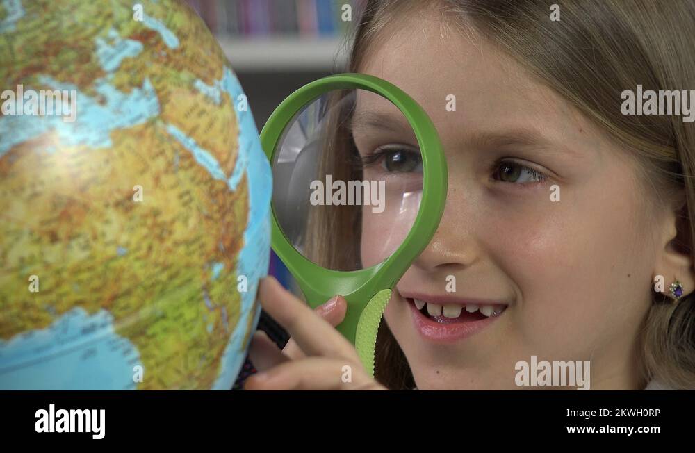 Child Studying Earth Globe, Kid in School Class Girl Learning, Student ...