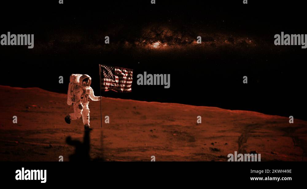 Mars Astronaut Jumping Planting American Flag Stars in Background 4K ...