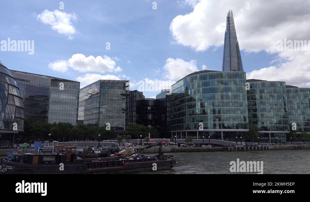 London Thames River View with Shard Tower, Tracking in Ships, Boats ...
