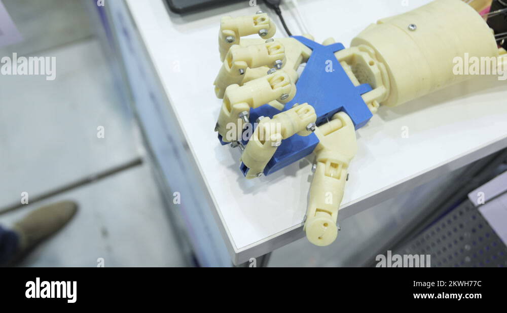 A human and a bionic hands lying beside each other. Cybernetic robot ...