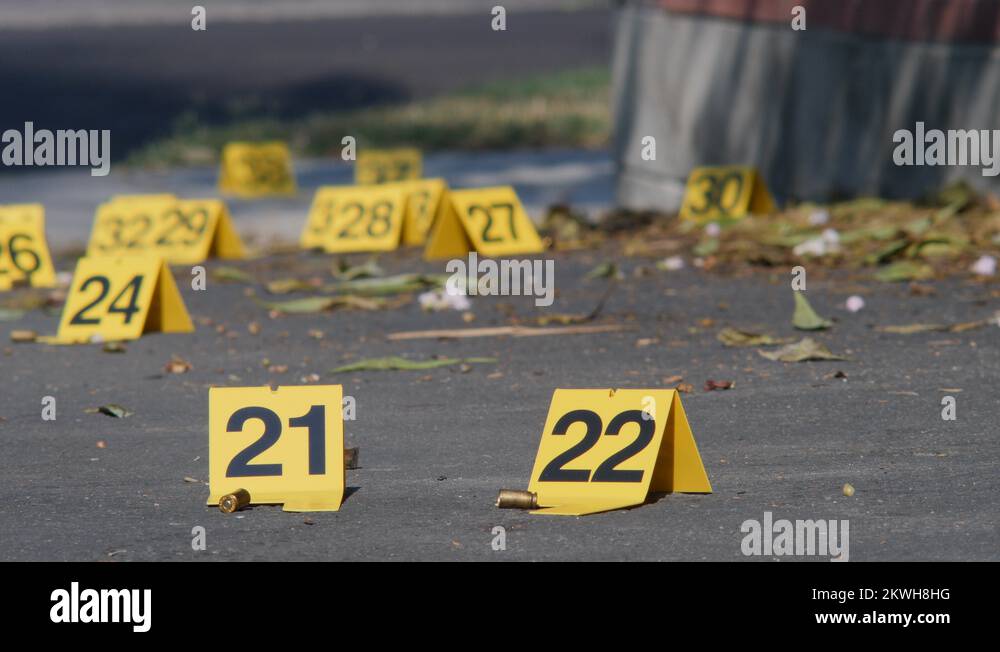 CRIME SCENE INVESTIGATOR WALKS THROUGH EVIDENCE MARKERS Stock Video ...
