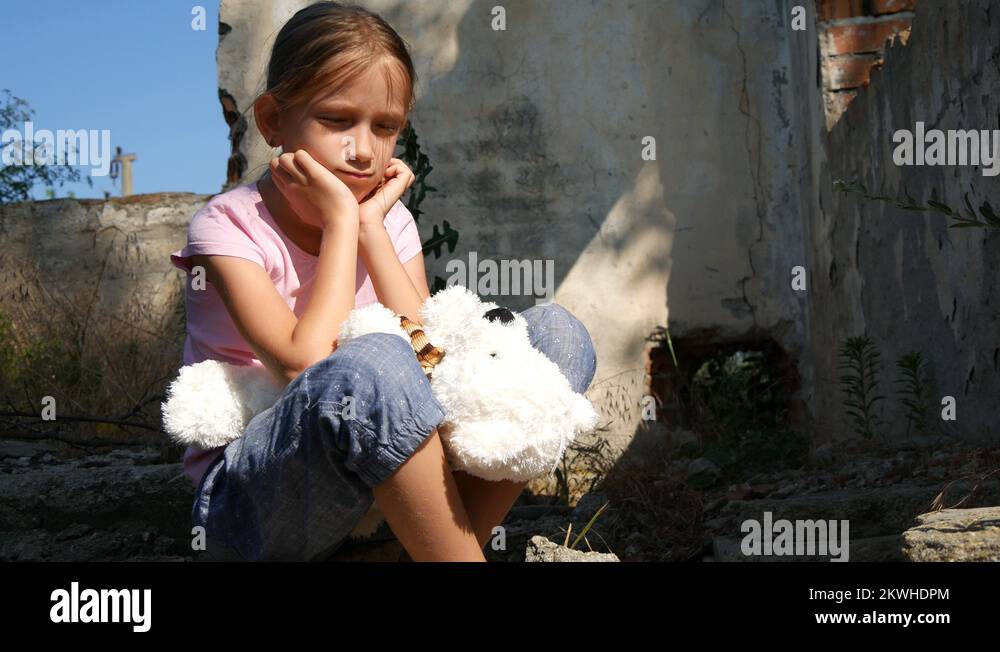 Homeless Sad Child in Abandoned Demolished House, Unhappy Stray Girl ...