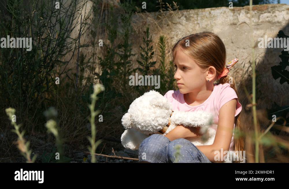 Orphan Sad Child in Abandoned Demolished House, Unhappy Stray Girl ...