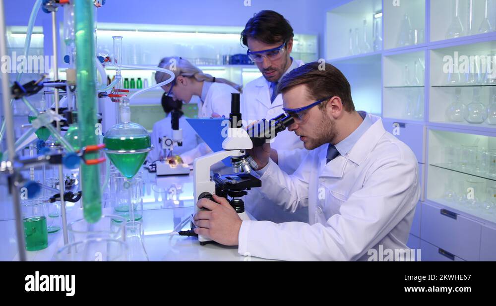 Team of Chemists Testing Sample on Microscope Laboratory Collaborate ...